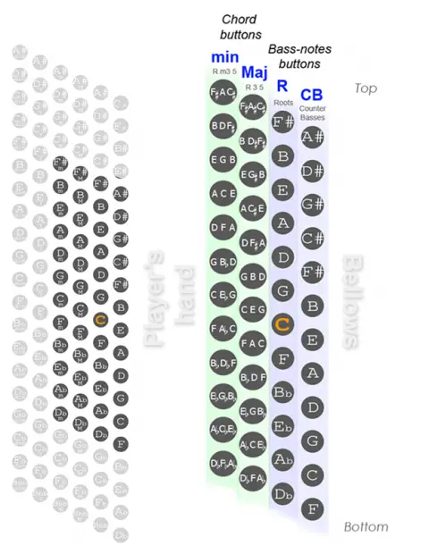 48 Bass Accordion Chart - 12x4 - Diagram, Bass Notes, Chords